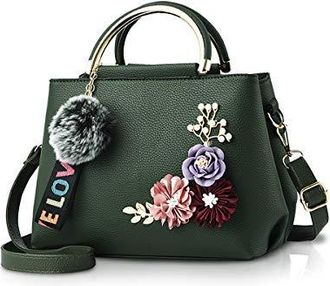 Nicole & Doris NNICOLE&DORIS femmes Cuir Sacs à main Sacs à bandoulière avec fleur Ancien Sac à poignée Designer Fourre-tout sac à main avec Pom Pom vert foncé