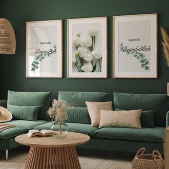 Generic 3 gr&uuml;ne Poster, Wanddekoration, Bild gr&uuml;ne Bl&auml;tter, Islam, Tulpe, Wandposter f&uuml;r Wohnzimmer, Kunstdruck auf Leinwand, schwarz, gr&uuml;n, Poster, Botanik, 