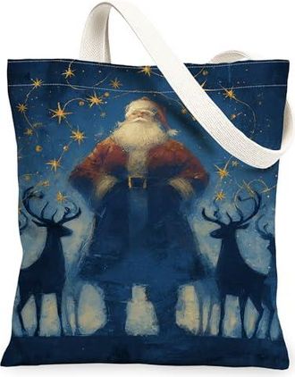 Generic Sacs fourre-tout en toile avec motif de P&egrave;re No&euml;l vintage, motif renne vintage, sacs en toile l&eacute;gers et lavables pour les vacances, le shopping, les v