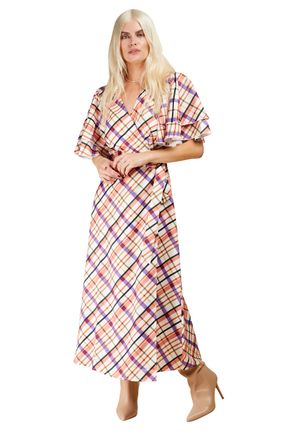 Little Mistress Damen Check Wrap Midaxi Kleid für besondere Anlässe, Multi, 34
