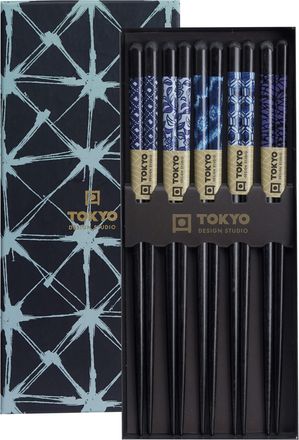 Tokyo Design Studio ESS-St&auml;bchen aus Holz, 5-er Set, Blue Mixed Designs, 22,5 cm lang, inkl. Geschenk-Box