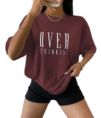 TOMWELL Damen Tshirt Kurzarm Sommer Oberteile Oversized T-Shirt mit Buchstaben Druck Lose Rundhals Sport Shirt Teenager M&auml;dchen Top Tunika Lang A Weinrot XXL
