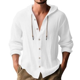 Generic Chemises boutonn&eacute;es en lin pour homme - Haut en coton &agrave; manches longues - T-shirt de plage &agrave; manches longues - Col en V - Chemises en lin boutonn&eacute;es -