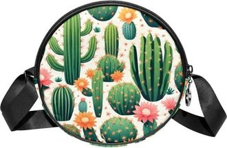Generic Sac &agrave; bandouli&egrave;re rond pour femme, motif cactus floral, petit sac &agrave; bandouli&egrave;re avec fermeture &eacute;clair, bretelles r&eacute;glables, sac &agrave; main rond d&eacute;contract