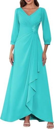 Generic Robe de mère de la mariée en mousseline de soie plissée à manches 3/4 pour femme, turquoise, 58 Grande taille