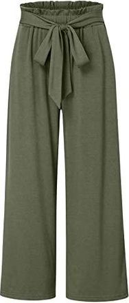 Generic Pantalon en coton et lin pour femme - Jambe large - Pantalon de plage d&eacute;t&eacute; confortable - Pantalon de yoga Palazzo - XIYU26071, vert militaire, 3XL