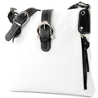 modamoda.de T04 - ital Umh&auml;ngetasche Schultertasche aus Leder, Farbe:Wei&szlig;/Schwarz