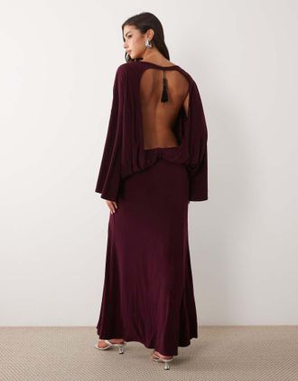 Asos robe longue bordeaux &agrave; dos nu et manches larges-Rouge