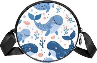 Generic Petit sac &agrave; bandouli&egrave;re rond rond pour femme, motif baleine, sir&egrave;ne, avec fermeture &eacute;clair et bretelles r&eacute;glables