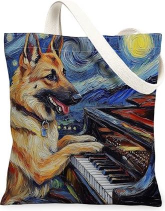 Generic Sac fourre-tout en toile pour le shopping Motif chien berger allemand 33 x 38,1 cm, motif piano nocturne &eacute;toil&eacute;, sac d&eacute;picerie r&eacute;utilisable pour femme