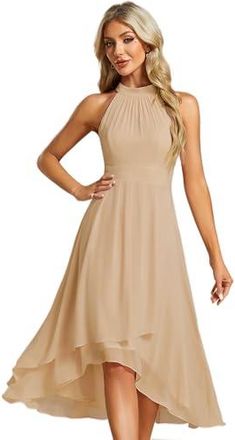 Ever-pretty Robe Mariage Invit&eacute;e Femme &Eacute;paules D&eacute;nud&eacute;e Pliss&eacute; High Low sans Manches Mousseline Ourlet Irr&eacute;gulier Chic Champagne 48