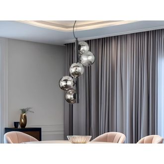 Luce-Ambiente-Design Pendelleuchte HONEY 5-flammig Schwarz-Glaskugeln Rauchglas, H&ouml;he 183cm