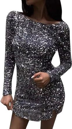 Generic Robe de soir&eacute;e scintillante &agrave; manches longues pour femme, robe formelle, invit&eacute;e de mariage, demoiselle dhonneur, robe longue pour mariage, cocktail, 