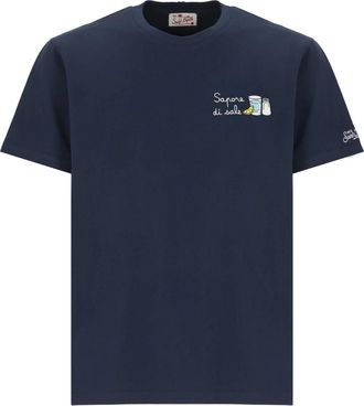 Saint Barth Homme, Tops, Bleu, Taille: S T-shirt Bleu en Coton avec Broderie Tequila