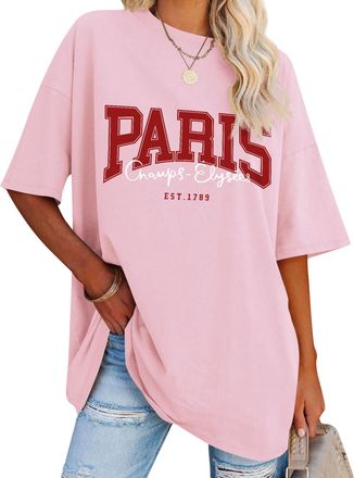 Dresswel Oversized T Shirt Damen Paris Brief drucken Vintage T-Shirt Kurzarm Rundhals Sommer Oberteile Lose Bluse Lang Tunika Top f&uuml;r Teenager M&auml;dchen