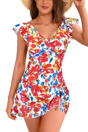 SHEKINI Damen R&uuml;schen V-Ausschnitt Badeanzug Crisscross Bauchkontrolle Swim Kleider Krawatte Knoten Einteiliger Badeanzug Rock(XXL,Puderblau Druck)