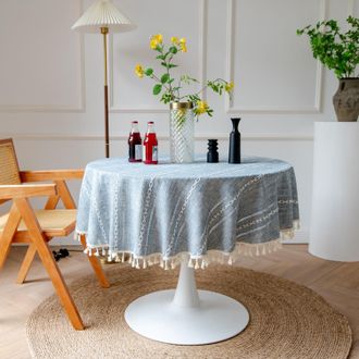 Generic Kleine runde Tischdecke, gestreift, Bestickt, mit Quasten, Leinen, Boho-Stil, knitterfrei, waschbar, 120 cm, blau, f&uuml;r Wohnzimmer, Einweihungsparty, H