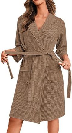 Ekouaer Peignoir de Bain Femme Court Gaufr&eacute; Robe de Chambre avec Poches Doux et L&eacute;ger Kimono Peignoirs, Kaki S