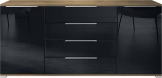 Vladon Sideboard Linio V2 - Moderne Kommode mit 2 Türen & 4 Schubladen, Eiche Evoke/Schwarz Hochglanz, 166,5 x 72,5 x 35 cm (BxHxT) - Beistellschrank Anricht