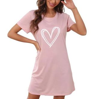 Generic Nuisette &agrave; manches courtes pour femme, chemise de nuit en coton doux pour femme, chemise de nuit en coton m&eacute;lang&eacute;, imprim&eacute; coeur, t-shirt &agrave; col rond, 