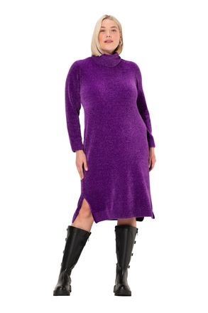 Ulla Popken Damen Chenille-Kleid, Strukturstrick, Rollkragen, Langarm Kleid, Dunkles Violett, 46-48 EU