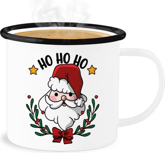Shirtracer Emaille Becher Blechbecher - Weihnachtstasse Tasse Weihnachten - Ho Ho Ho mit Weihnachtsmann und Weihnachtsschmuck - 300 ml - Weiß Schwarz - weihnacht