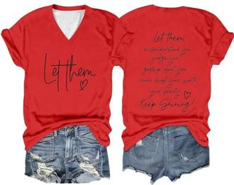 Generic T-shirt pour femme avec motif inspirant et col en V, d&eacute;contract&eacute;, manches courtes, rouge, 3XL