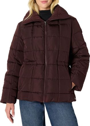 Amazon Essentials Damen Karierte Oversize-Steppjacke Mit Puffärmeln Und Verstellbarer Taille, Dunkles Maronibraun, XXL