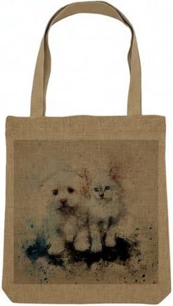 Fabulous Sac Shopping Tote Bag Aspect Lin - Chien et Chat Blanc Peinture Caniche Poil Long Mignon Art - Sac de Courses Toile Epaisse 360g Beige Naturel Cabas P