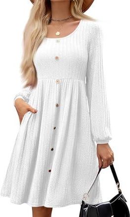 Generic Robe Tricot Femme Hiver &Eacute;l&eacute;gante &agrave; Manches Longues avec Boutons et Poches Col Rond Style D&eacute;contract&eacute; pour Automne Hiver Blanc L