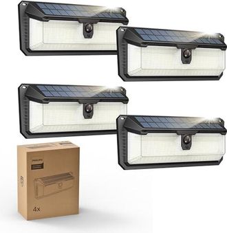 Philips Lampe Solaire Ext&eacute;rieur avec D&eacute;tecteur, 258 LEDs S&eacute;curit&eacute;, 3 Modes, &Eacute;tanche pour Jardin Cl&ocirc;ture Garage Lot de 4
