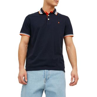 Jack & Jones Jack & Jones Herren Slim Fit Polo Shirt JJEPAULOS Uni Sommer Hemd Kragen Kurz Arm Basic Pique Cotton, Schwarz - Grau - Orange, L