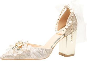 Generic Qynthra Femmes &Eacute;l&eacute;gant Mariage Pumps Dentelle Fleur Design Perle Bride Cheville Talon Bloc Chaussures Mari&eacute;e pour C&eacute;r&eacute;monie Et R&eacute;ception,Champagne Gol