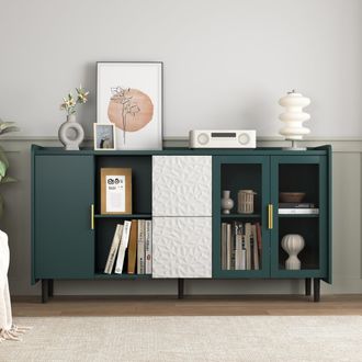 Generic Sideboard Anrichte 150 cm Gr&uuml;n Wei&szlig; Kommode mit Zwei Vitrinent&uuml;ren Zwei Schubf&auml;chern Ablagef&auml;chern Buffetschrank in Holzwerkstoff Kaffeebar-Schrank f&uuml;