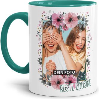 Tassendruck Keramik Tasse - Beste Cousine - mit Foto selbst gestalten - Geschenk für die beste Cousine, Geburtstag, Weihnachten I Personalisiert, Türkis, 300 ml