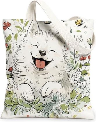 Generic Sac fourre-tout en toile motif chien samoy&egrave;de de printemps 33 x 38,1 cm, sac d&eacute;picerie r&eacute;utilisable pour femme, peinture danimaux domestiques, d&eacute;corat