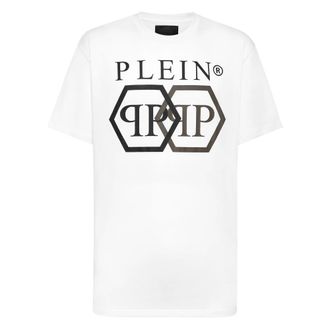 Philipp Plein Homme, Tops, Blanc, Taille: 3XL T-shirt Col Rond SS Pierres Hexagone