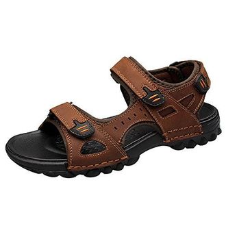 Rismart Homme Bout Ouvert Décontractée Crochet Et Boucle De Plein air Trekking Cuir Chaussures Sandales SN01413(Marron,EU42)