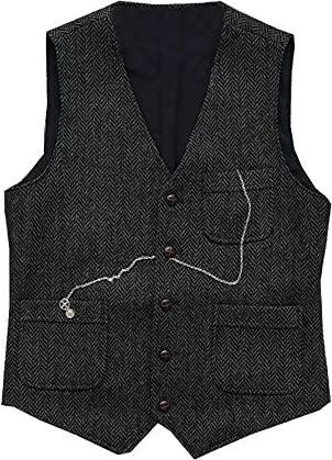 Solovedress Gilet de costume homme Vintage Col V Tweed La laine pour le Mariage Entreprises(Noir, XXXL)