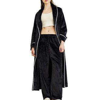 Generic Peignoir Femme Longue Manche Chaud Doux Ceinture Poches Robe de Chambre Hiver Maxi Relax Décontracté