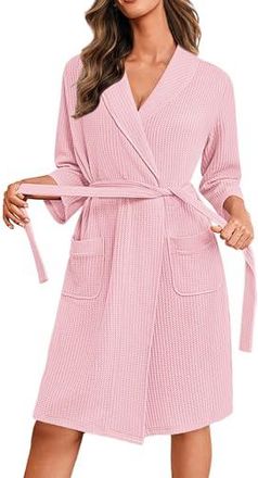 Ekouaer Peignoir de Bain Femme Court Gaufr&eacute; Robe de Chambre avec Poches Doux et L&eacute;ger Kimono Peignoirs, Rose S