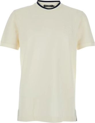 Dolce & Gabbana Homme, Tops, Blanc, Taille: M T-shirt technique en piqu&eacute; avec broderie