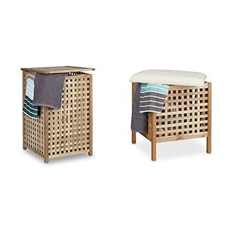 Relaxdays W&auml;schesammler Walnuss W&auml;schetruhe, 75 L, natur & Badhocker Walnuss mit W&auml;schesammler 52x49x49 cm, mit Sitzkissen aus Leinen und W&auml;schekorb 52 Liter Si