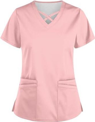 Generic Générique Tenue Aide Soignante Femme,Chemisier Femme Manche Courte Col en V Tunique Femme Grande Taille Blouse De Travail Femme avec Cordons De Serrag