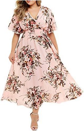 Generic Huttam Robe Femme Grande Taille Été en Mousseline de Soie Robe Longue Fluide Fleurie Manche Courte Robe Femme Chic Soiree Cocktail Sexy Col V Pas Cher