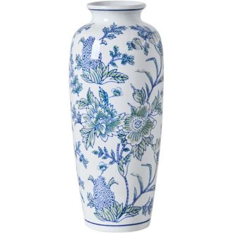 Beliani Vase Vintage en Porcelaine Motifs &agrave; Fleurs Accessoire D&eacute;coratif Blanc et Bleu Guadix