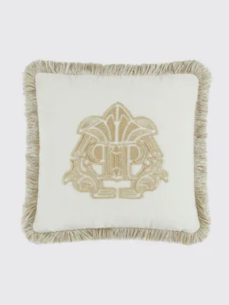 Philipp Plein Quadratisches Gothic-Samtkissen mit gesticktem Monogramm und Fransen