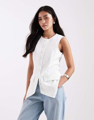 River Island Hochgeschlossene Weste in gestreiftem Cremewei&szlig;, Kombiteil