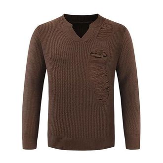 Generic Pull tricoté pour homme avec trou de lavage fin déchiré col en V pull décontracté thermique à manches longues uni tricot doux et confortable travail, 
