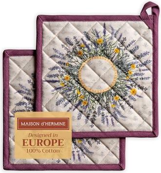 Maison d'Hermine Fanny Lavender Lot de 2 maniques, 100% Coton, pour Barbecue, Cuisson, Four, Micro-Ondes, grillades, Printemps/&eacute;t&eacute;, P&acirc;ques, (20cm x 20cm)